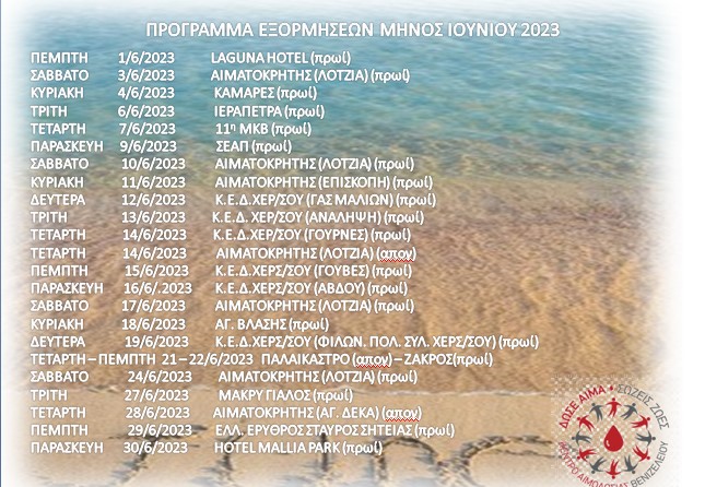 Πρόγραμμα εξορμήσεων Κέντρου Αίματος Γ.Ν. «Βενιζέλειο – Πανάνειο» μηνός ...